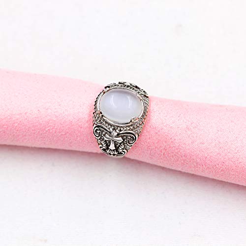 Uloveido Silver Tone Black Simulated Agate Cats Eye Ring Oval Stone Antique Engagement Rings for Women PJ013 (White, Size 9)