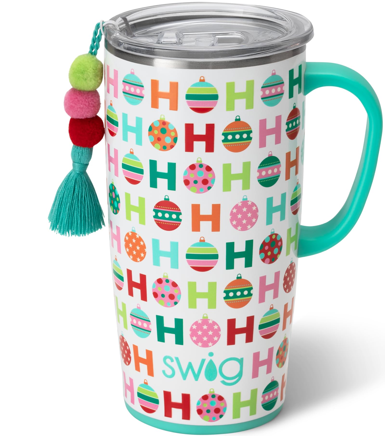 Swig Life 22oz Travel Mug, Insulated Tumbler with Handle and Lid, Travel Coffee Mug, Cup Holder Friendly Travel Mug, Stainless Steel 22 oz Tumbler, Reusable Insulated Tumbler with Lid (HoHoHo)