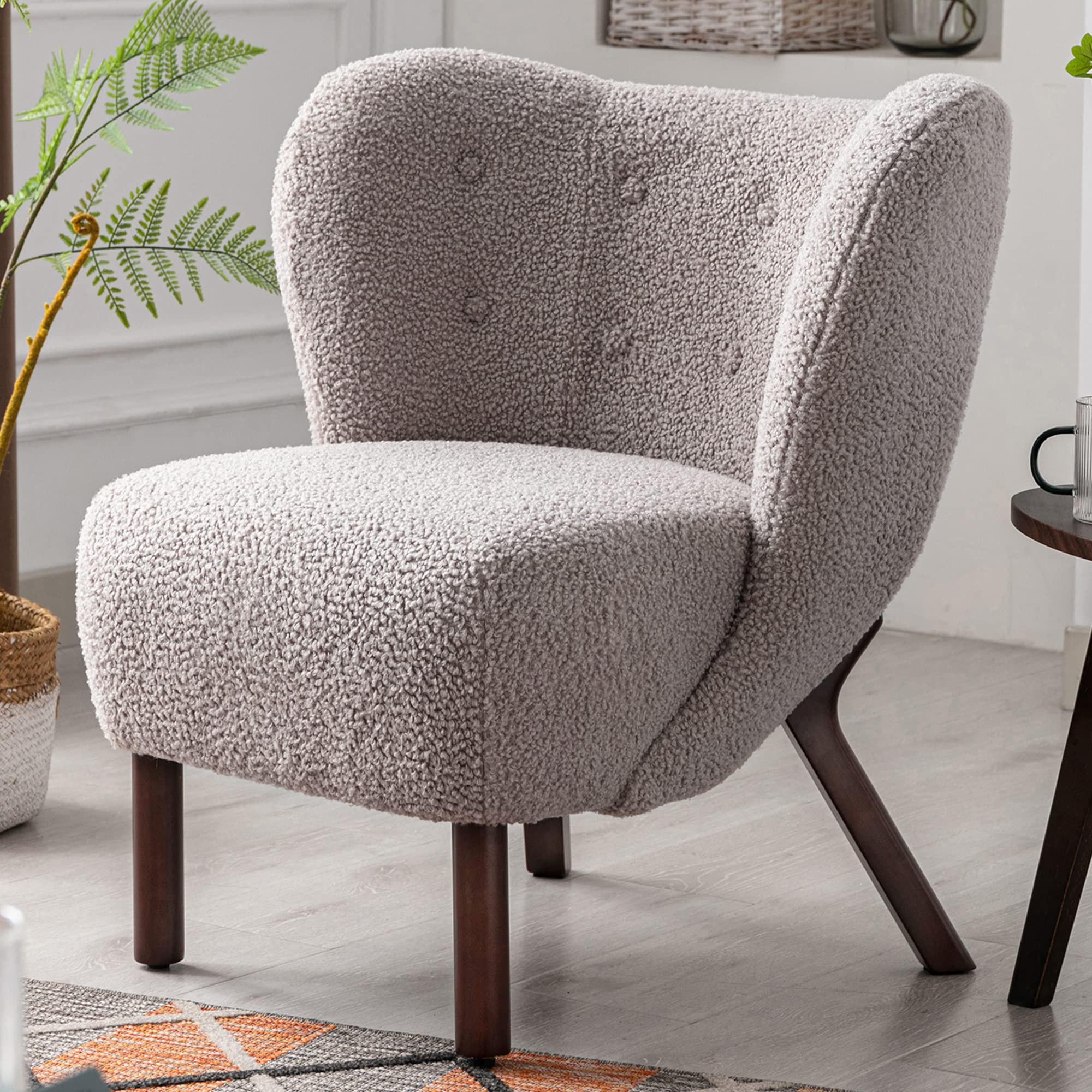 ViolaDresses Modern Accent Chair Lambskin Sherpa Wingback Tufted Side Chair with Solid Wood Legs for Living Room Bedroom,Warm Grey