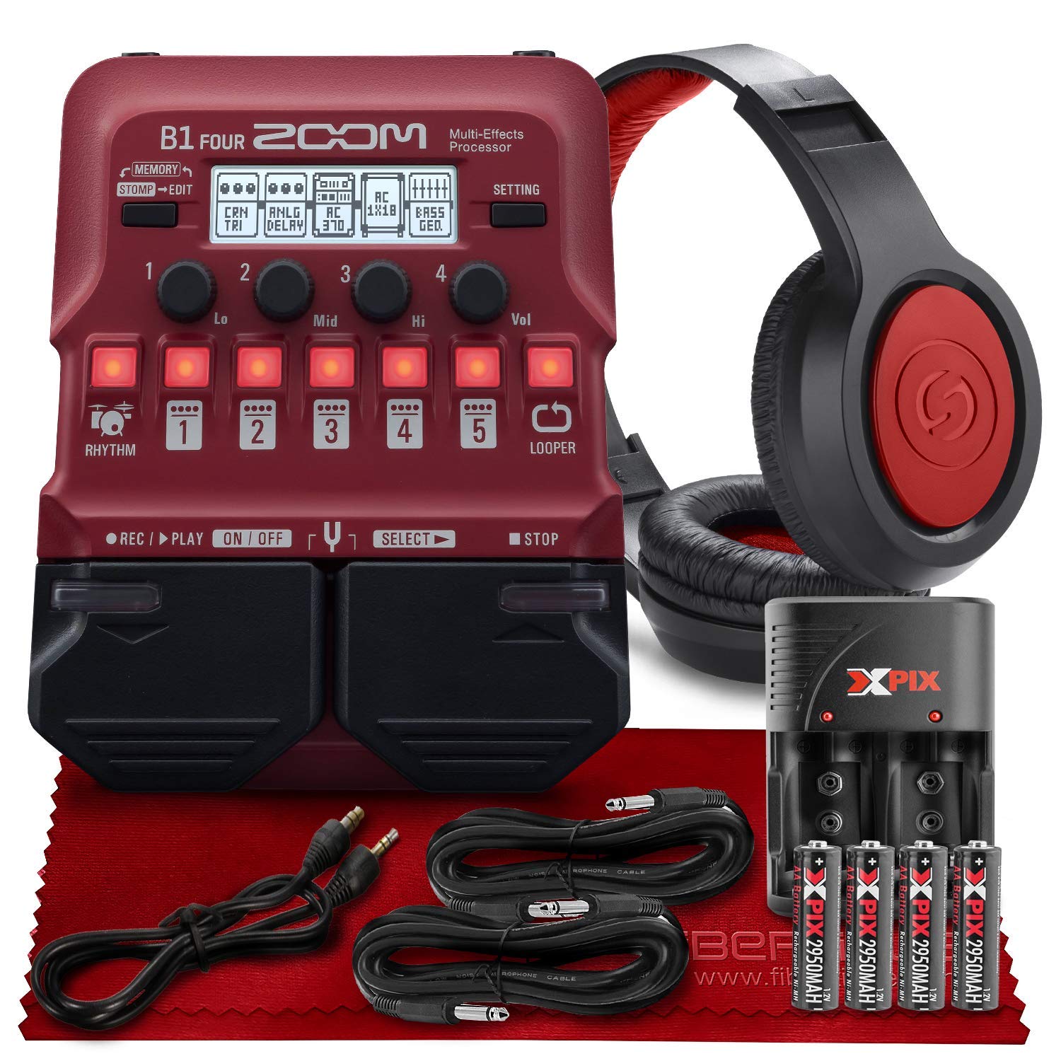 Zoom B1 Four Electric Bass Effects Processor Bass Multi-effects Pedal + SR360 Over-Ear Dynamic Stereo Headphones, XPIX Ultra High Capacity Batteries With Travel Quick Charger & Deluxe Accessory Bundle