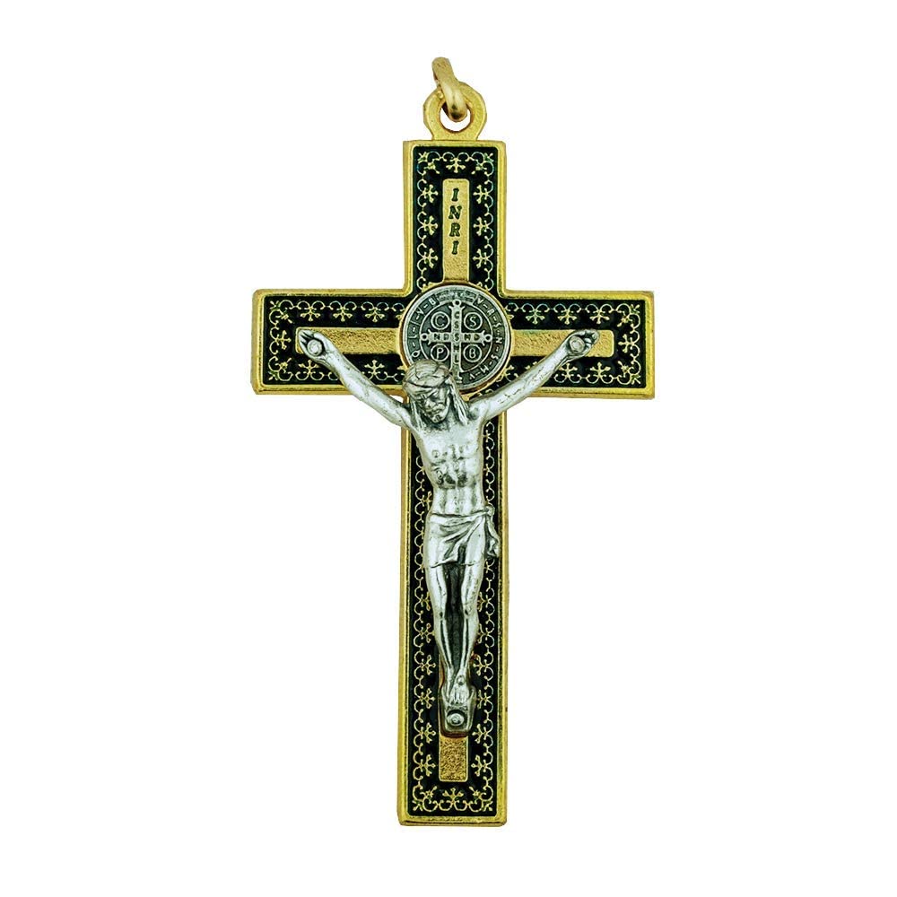 Unique St. Benedict Crucifix with Silver-Tone Base and Colored Enamel | Patron Saint of Students and Europe | Great Catholic Gift for First Holy Communion and Confirmation