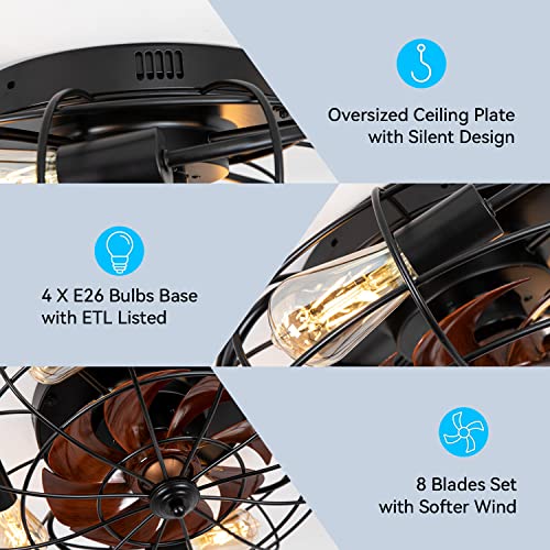 SYXLCYGJ Flush Mount Ceiling Fans with Lights, 3-Speed Reversible Ceiling Fan with Remote Control, 4xE26 Bases, 20 inch, Black