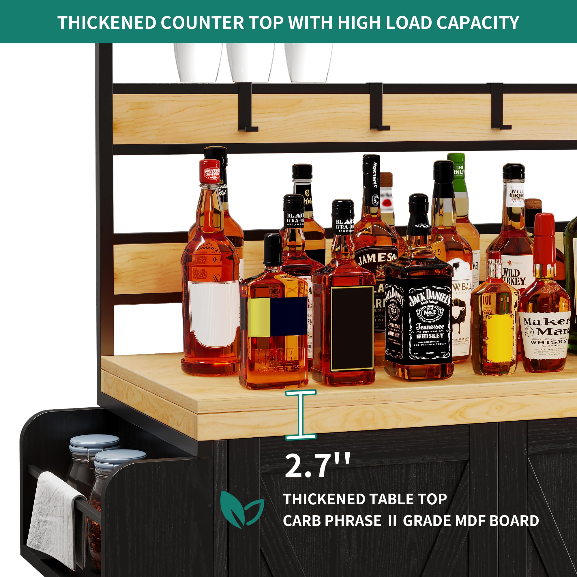 YITAHOME Large Rolling Kitchen Island with Storage Cabinet Drawer Tall Shelf, 53 Inch Big Portable Mobile Baker Rack Cart Movable on Wheels Thick Counter Glass Holder Hooks Spice Rack, Black & Oak