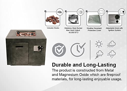 XBrand MgO & Metal 40,000 BTU Outdoor Propane Gas Smokeless Square Fire Pit Table with Volcanic Rocks & Rain Cover, 30 inch Wide, Gray