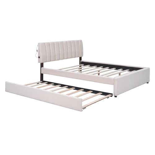 WOXYX Queen Size Upholstered Platform Bed with Teddy Fleece Headboard and Trundle,Beige