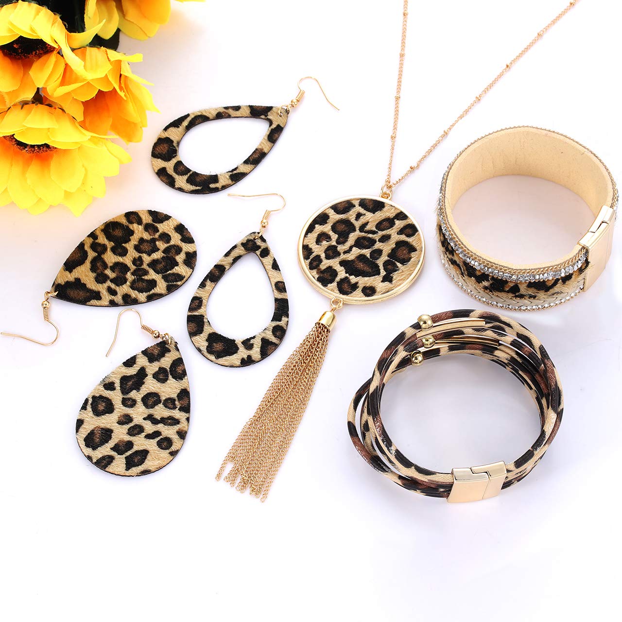 ZOLEAROPY Statement Leopard Jewelry Set For Women Multi Leopard Leather Wrap Bracelet Teardrop Leather Earrings Long Tassel Round Pendant Necklace Set