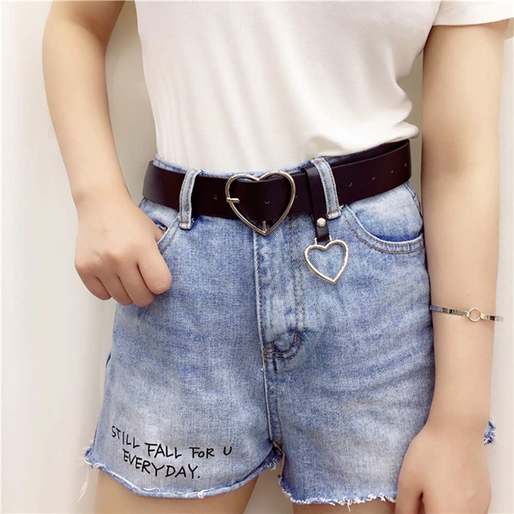 UTENEW Heart Shape Belts Wide Black Leather Waist Belt Women Jeans Pants Dresses with Alloy Buckle, Silver