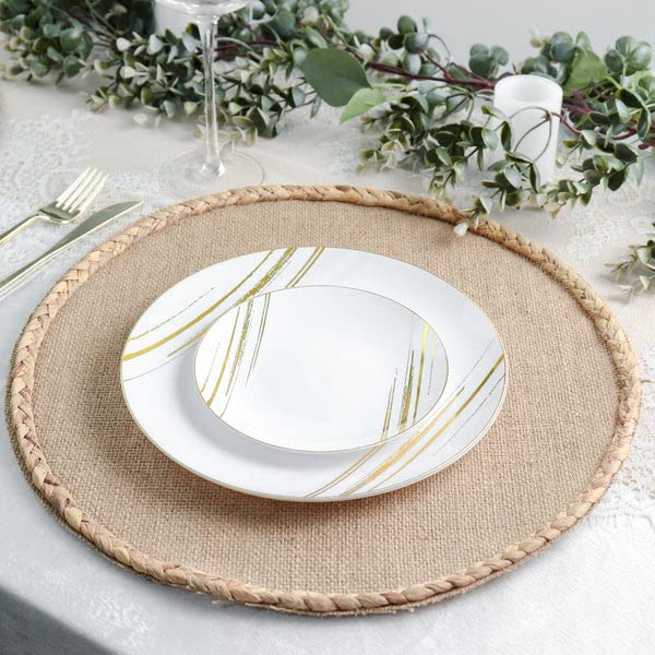 TABLECLOTHSFACTORY 4 Pack | 15" Round Natural Rustic Burlap Jute Placemats Braided Edges, Farmhouse Placemats with Trim