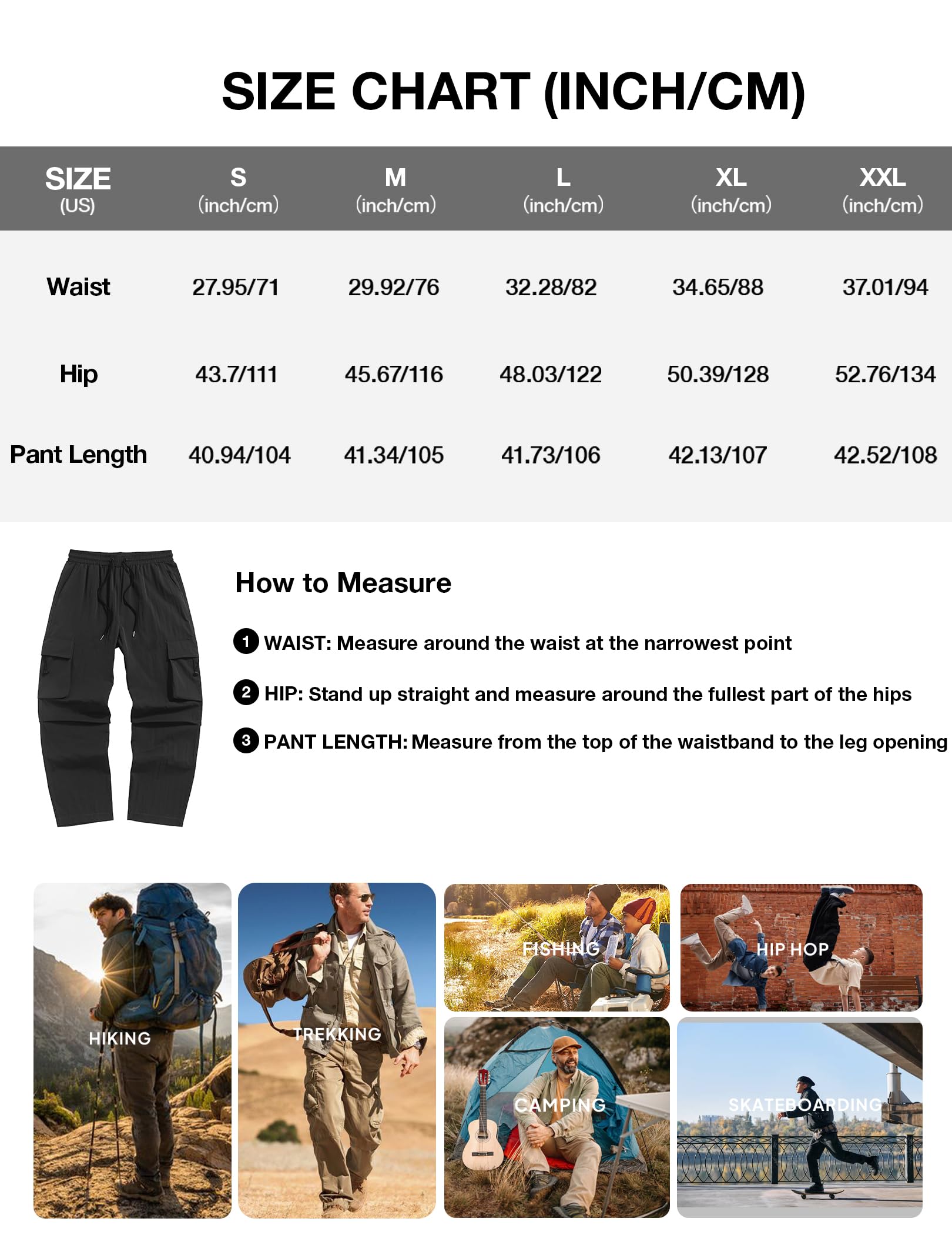 ZAFUL Men's Cargo Pants Relaxed Fit Lightweight Flap Pockets Elastic Waist Quick Drying Hiking Pants Casual Black XXL