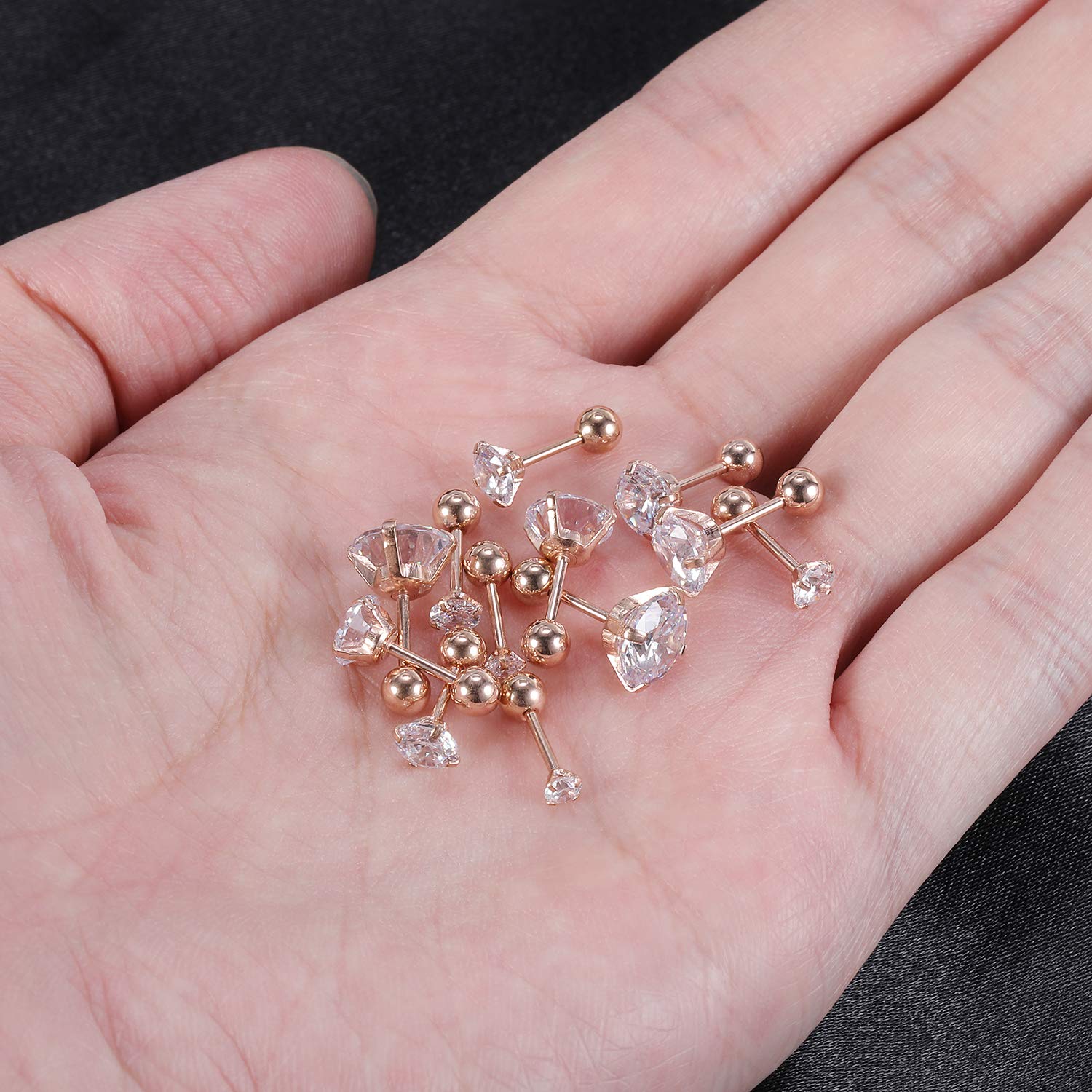 ZS 6 Pairs Shiny Round Cubic Zirconia Surgical Steel Stud Earrings Tragus Helix Conch Piercing Cartilage Sets (6 Pairs.3-8mm Cubic(Rose-gold,Ball Back))