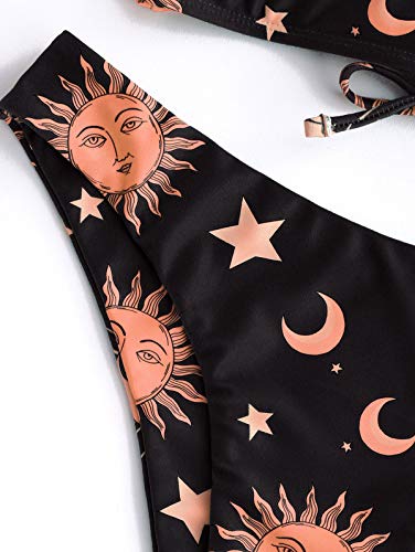 ZAFUL Star Sun Moon Print Bathing Suits for Women Back Criss Cross Lace-up Triangle Bikini (1-Black M)