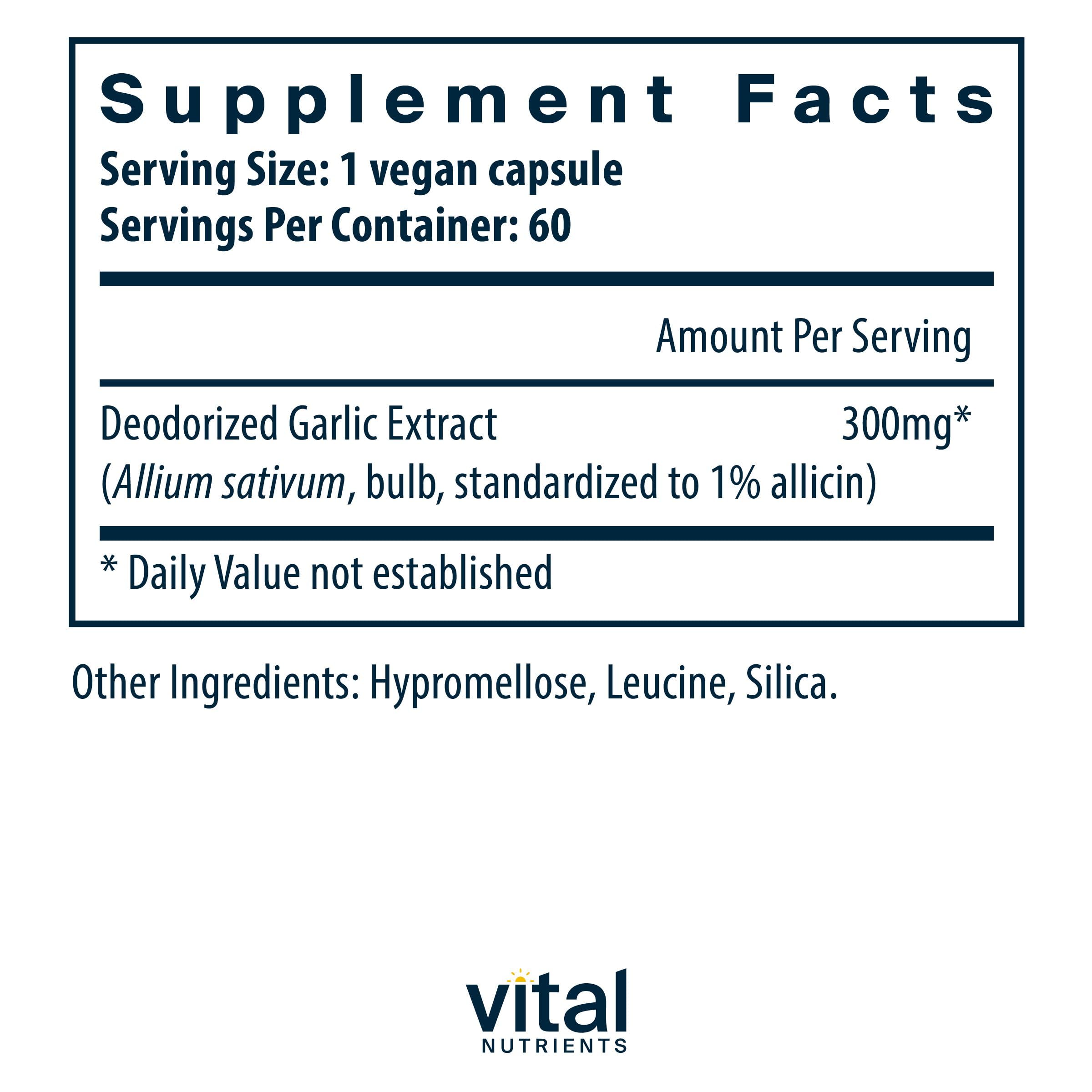 Vital Nutrients - Garlic Extract - Cardiovascular and Immune Support - 60 Vegetarian Capsules per Bottle - 1.00% standardized alliin Extract