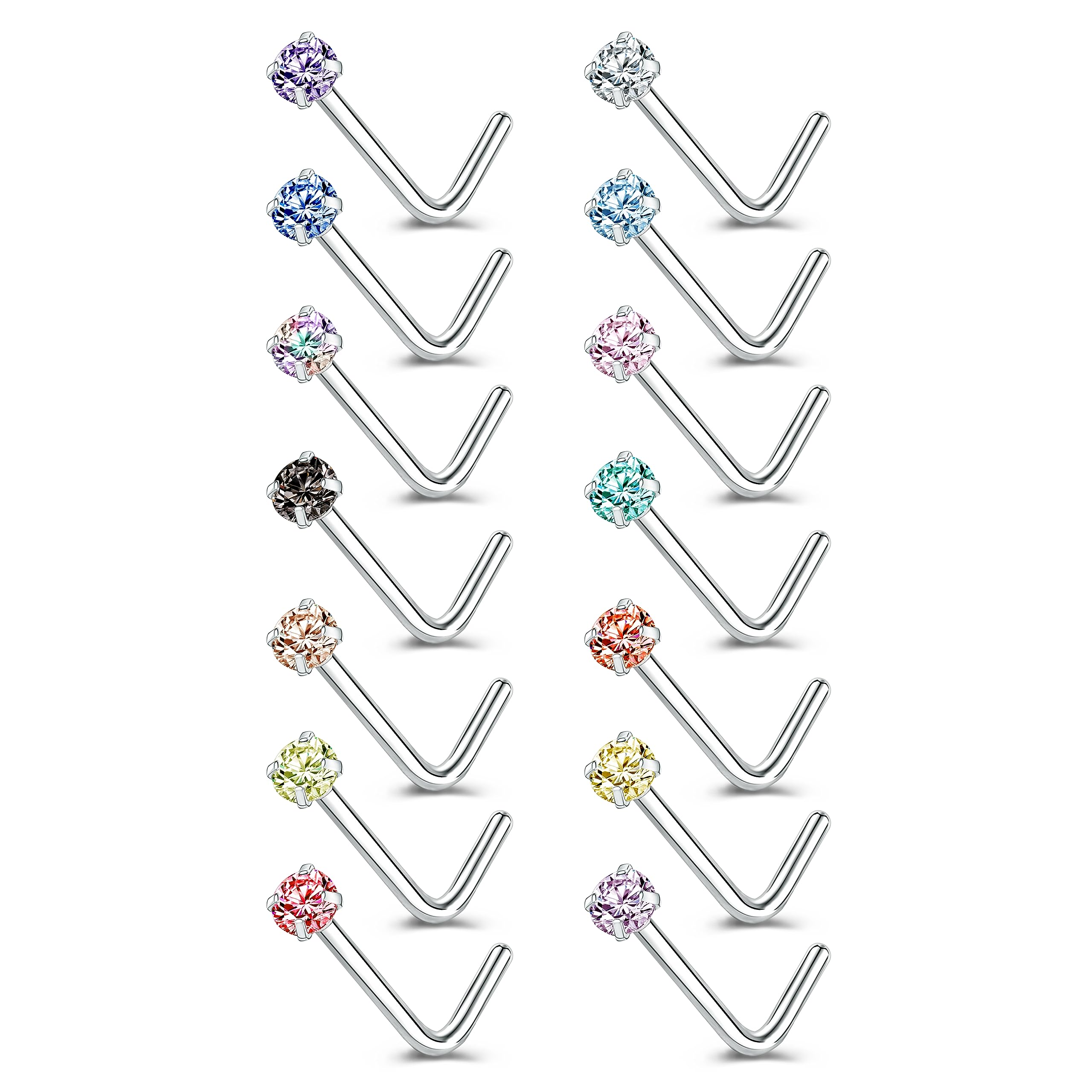 ZS 8-14PCS 20g Tiny Nose Stud Ring Piercing Surgical Steel Nose Bone/L Shaped/Nose Screws Rings Set (14pcs L Shaped Style(Mixed Color))