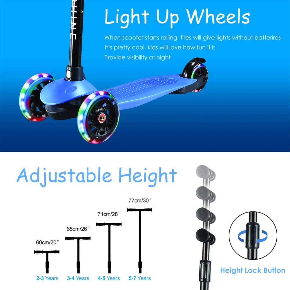 Toddler Scooter for Kids 3 Wheels Scooter for Boys Girls Kick Scooter with PU Flashing Wheels, Adjustable Height, Lean to Steer,Fits Children Ages 2-5 Years Old, Blue