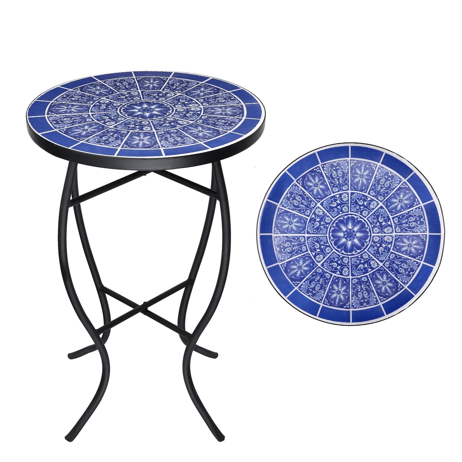 VCUTEKA Mosaic Outdoor Side Table - Small Patio Table Coffee Table Outside Accent Table Round End Plant Table for Bistro Balcony Porch Outdoor Benches 14'' Mosaic Table Green