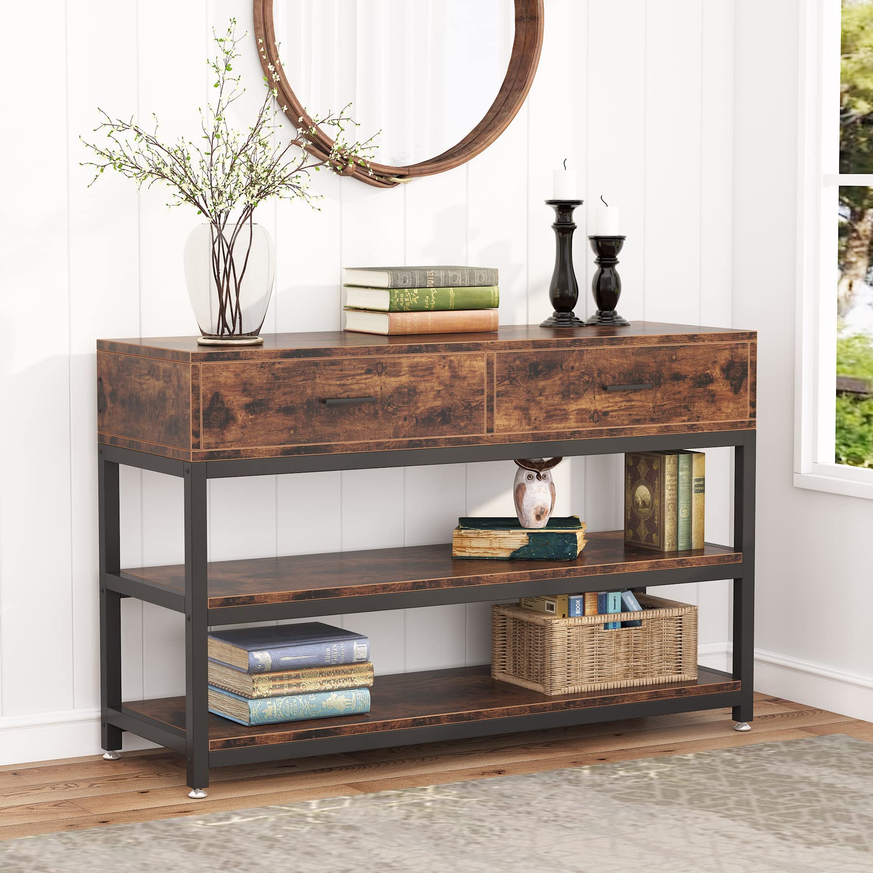 Tribesigns Rustic Console Sofa Table with Drawers, Industrial TV Stand 2 Shelf Hallway Entryway Table with Storage
