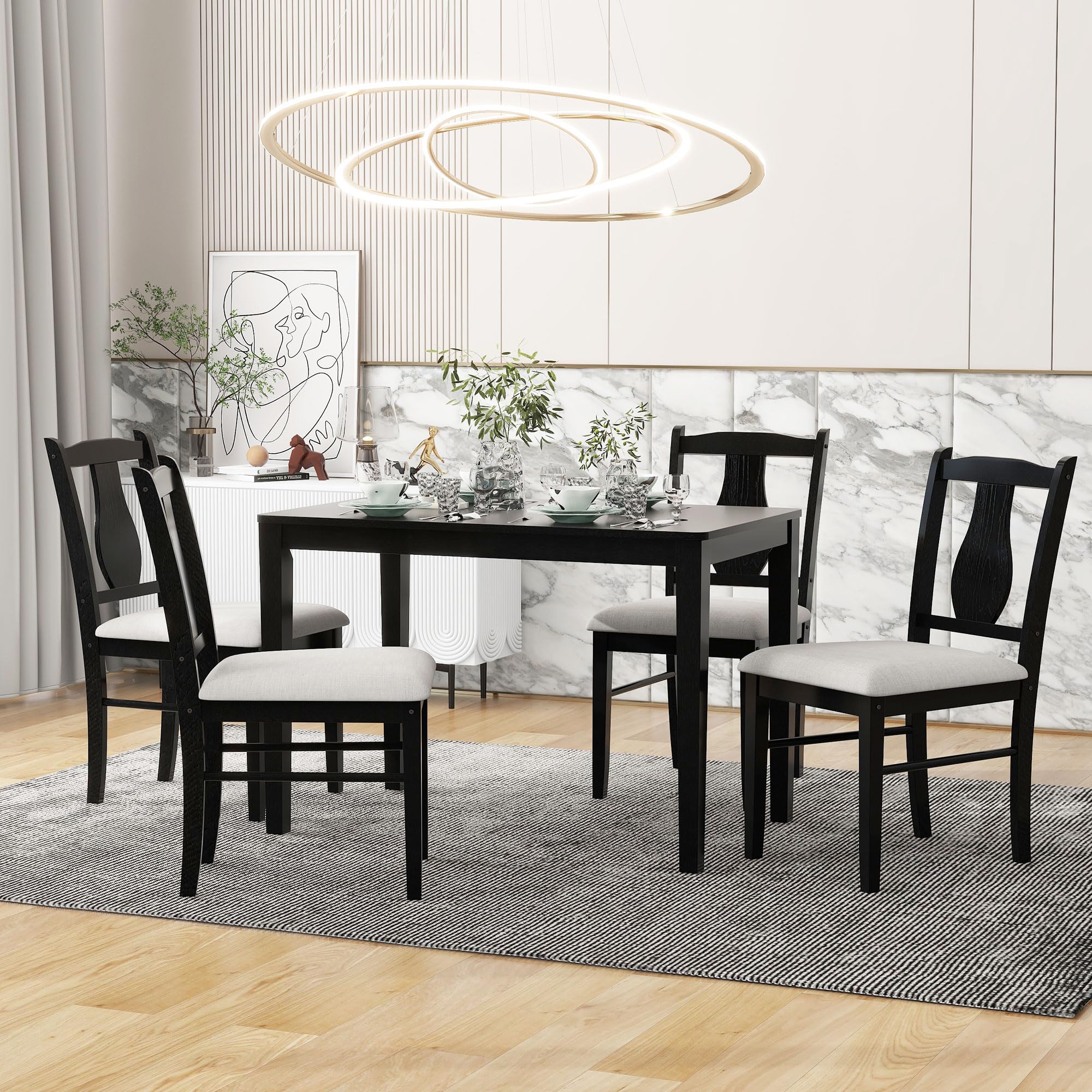 Voohek, Small Dining Room Furniture Set for 4, 5 Piece Kitchen Table and Chairs, Spaces, Apartment, Dinette, Farmhouse, Black