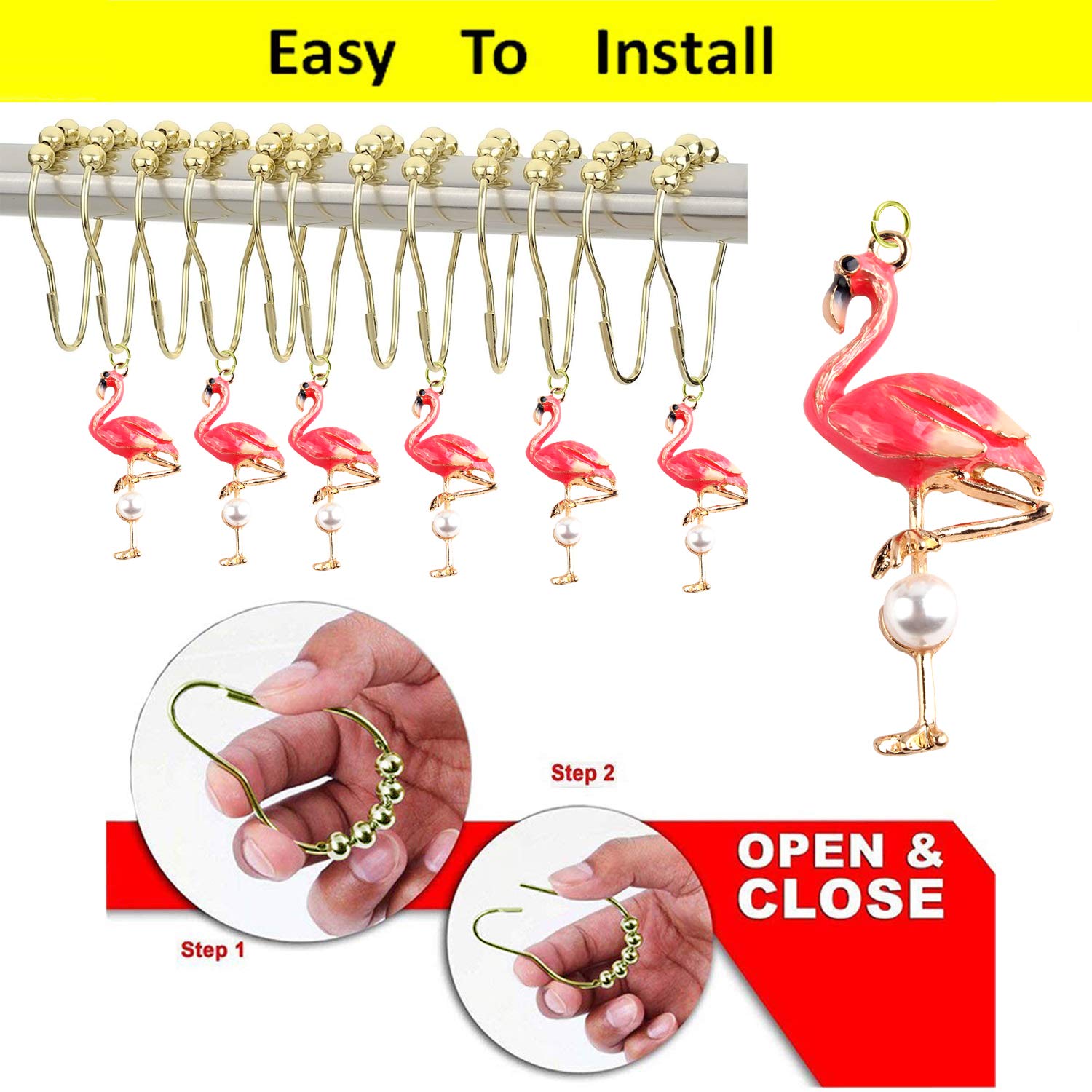 ZILucky Set of 12 Flamingo Shower Curtain Hooks Decorative Home Bathroom Stainless Steel Rustproof Shower Curtain Rings Decor Accessories (Flamingo)