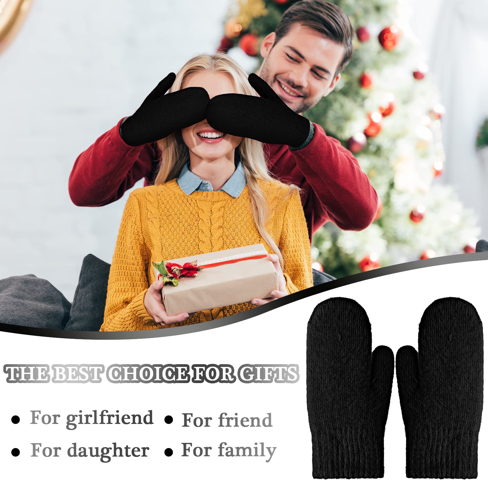 Zhehao Women Knitted Mittens Winter Warm Gloves Solid Color Hand Warmer for Indoor Outdoor Activities (Black)