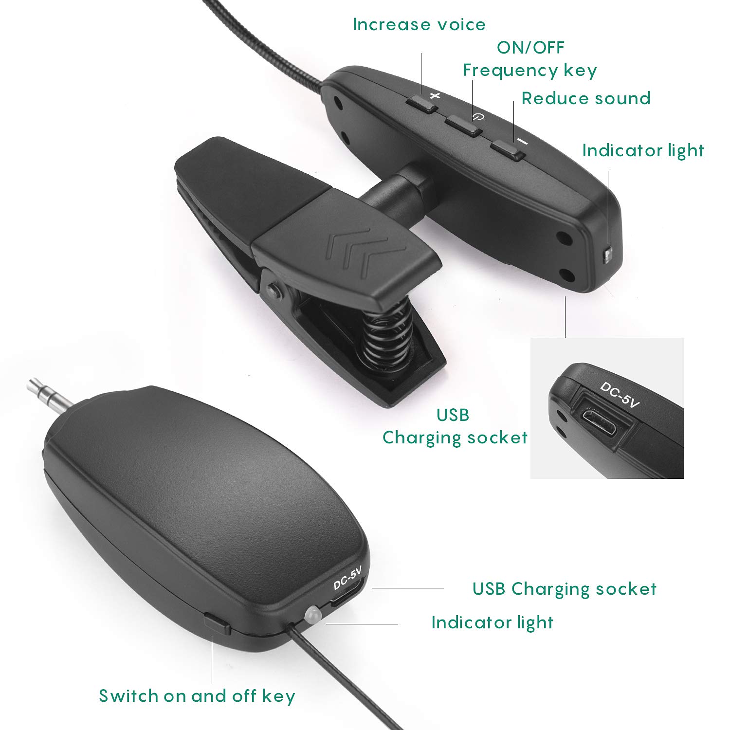 Wireless Instrument Microphone,UHF Clip Condenser Mic,for Horns,Trumpets,Clarinets, Saxophones, Cello, Computer, Phone, Speakers, Voice Amplifier 131ft Range, 1/8 and 1/4'' Port