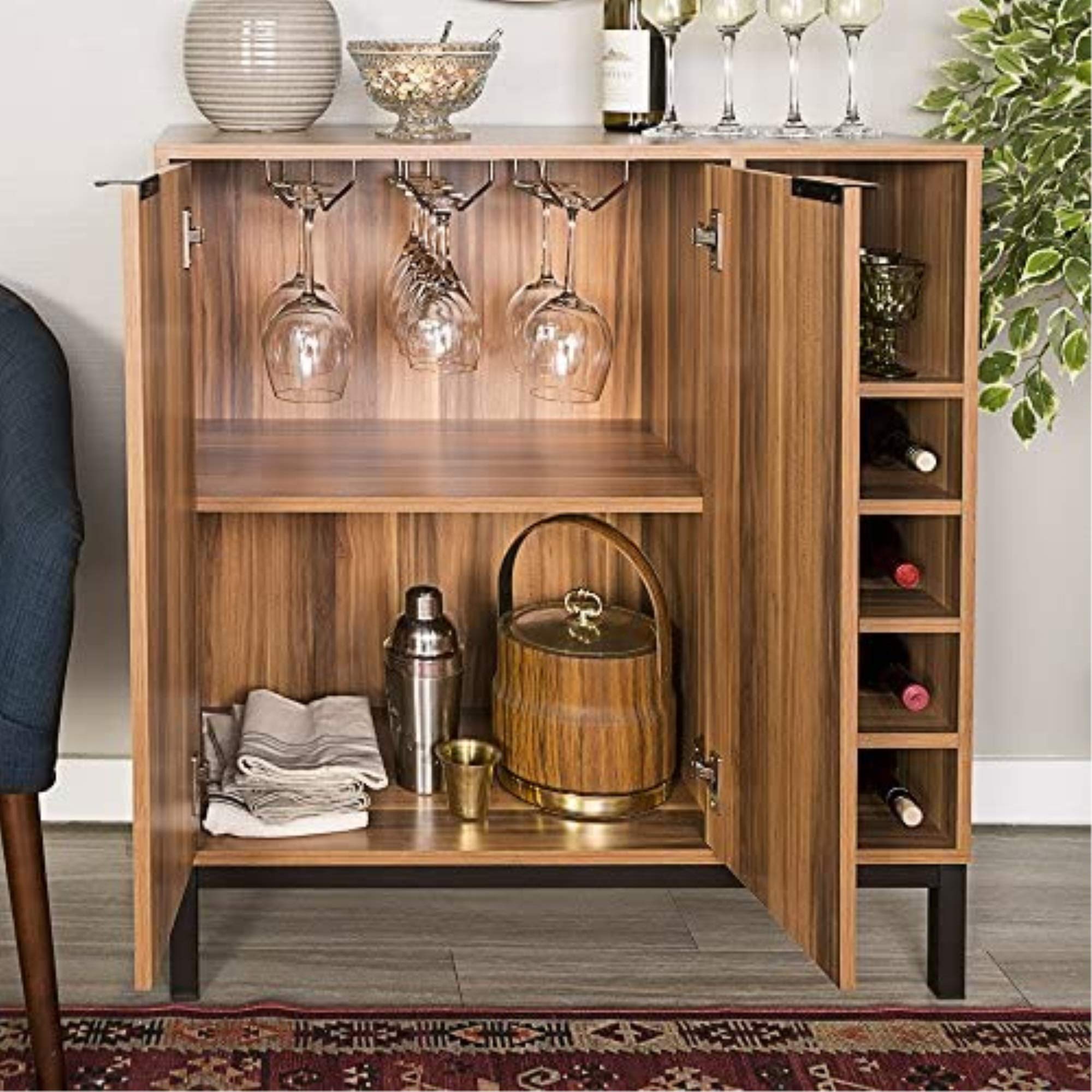 Walker Edison Mid-Century Modern Wood Kitchen Buffet Sideboard-Entryway Serving Storage Cabinet Doors-Dining Room Console, 34 Inch, Dark Walnut