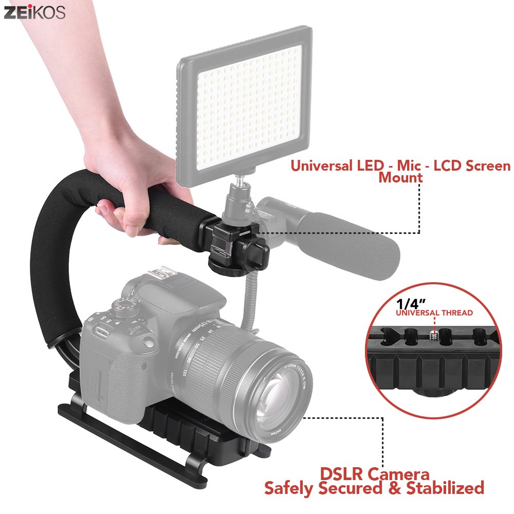 Zeikos Video Action Stabilizing Handle Grip Handheld Stabilizer with Shoe Mount and C Shape Rig Low Position Shooting System for DSLR, GoPro, Smartphones + Free MiracleFiber Microfiber