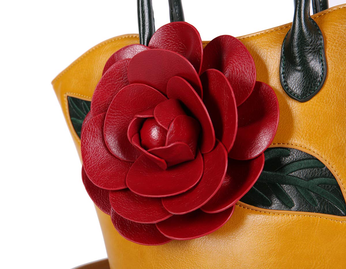 VANILLACHOCOLATE Women Purse Large Rose Flower Handbag Faux Leather Tote Bag (Yellow)