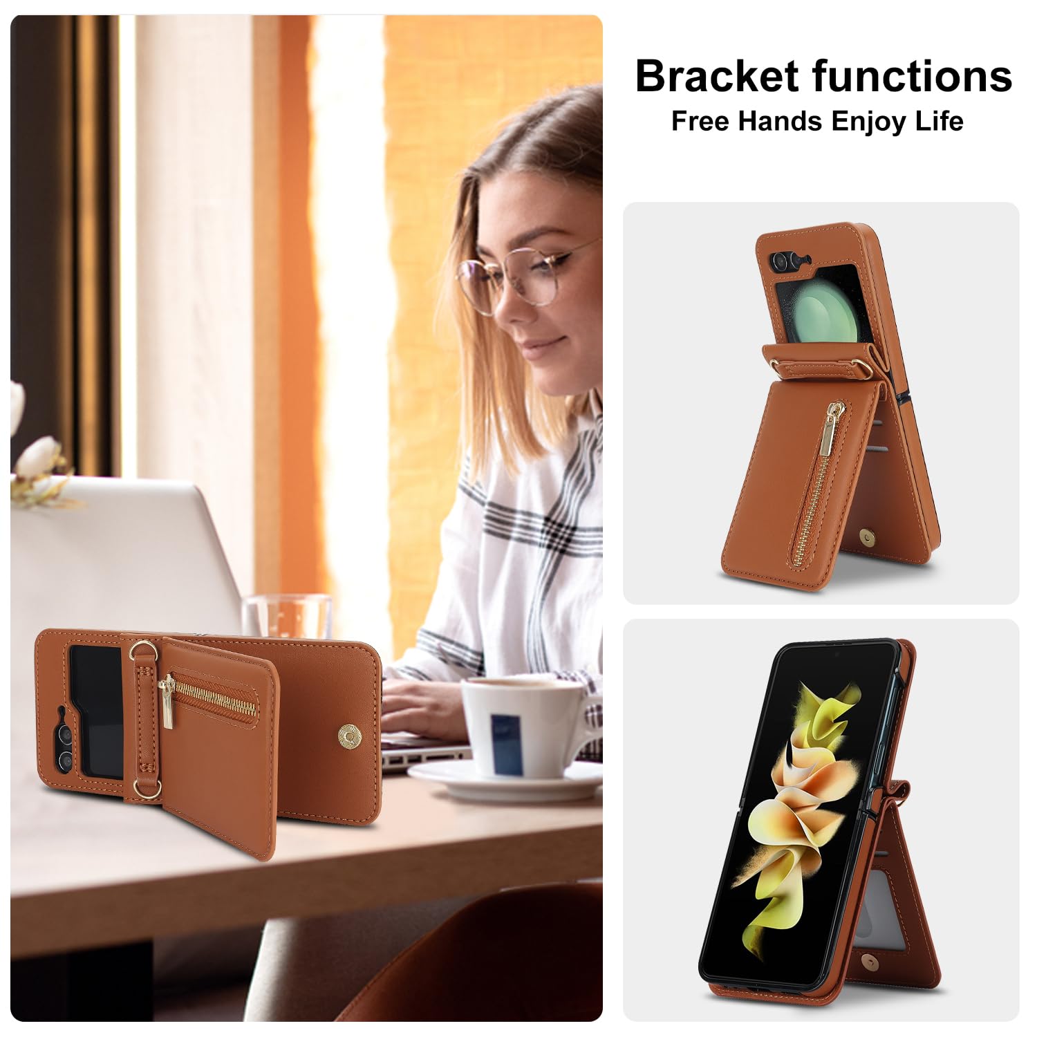 XIMAND for Samsung Galaxy Z Flip 5 Luxury Zipper Wallet Phone Case, Multi-Function Kickstand Card Holder Adjustable Crossbody Strap, Fashion Flip Case.(Brown)