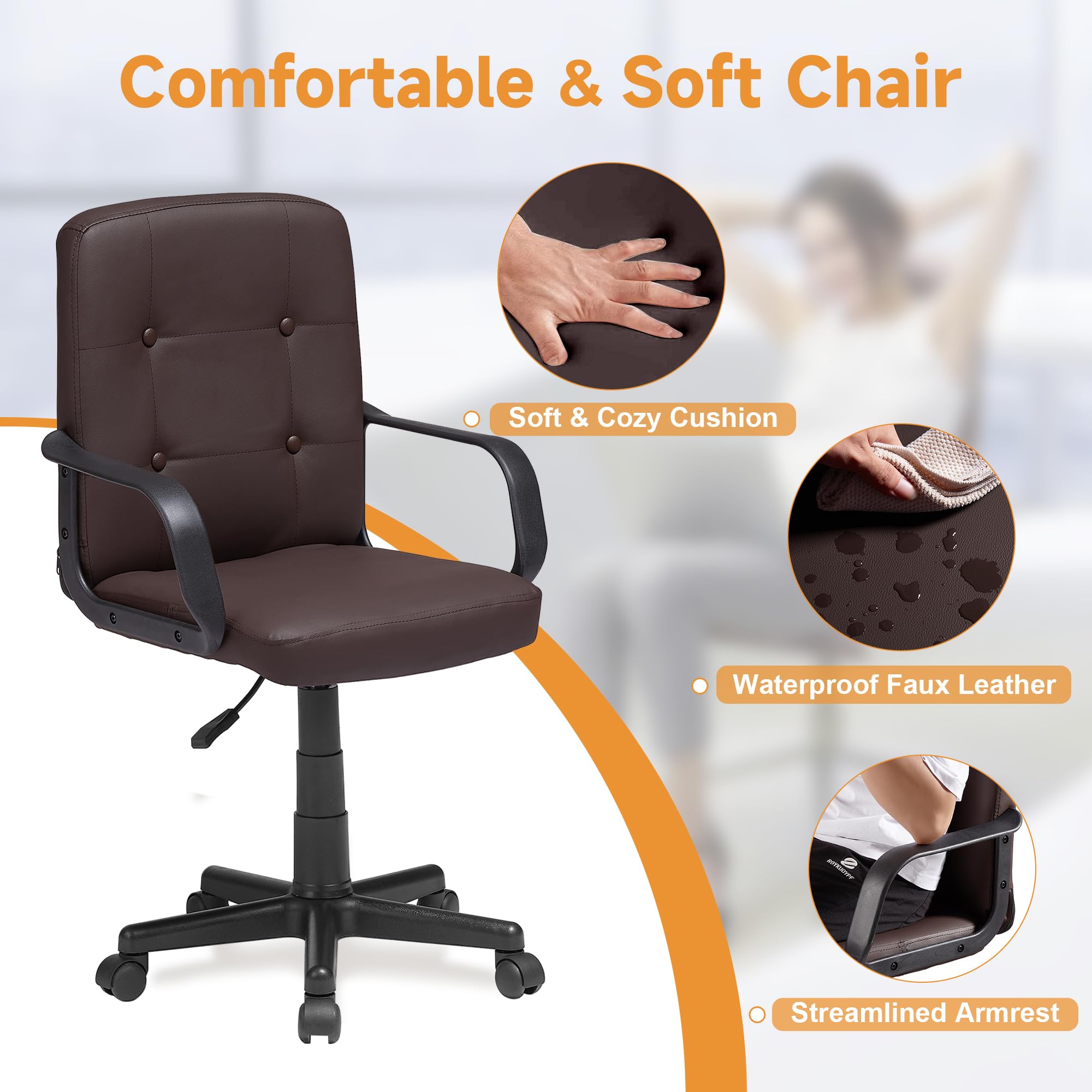 VECELO Home Office Desk Chair with Armrests,Mid Back Adjustable Height, 360-Degree Swivel, 330 Pound Capacity, Coffee, Set of 1