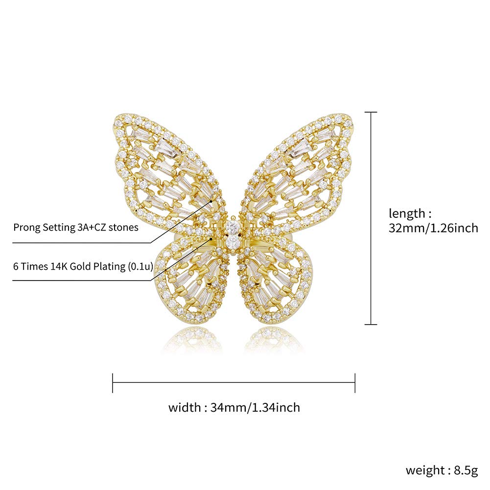 Gold Adjustable Butterfly Rings for Women Cubic Zirconia Ring Jewelry (Gold)