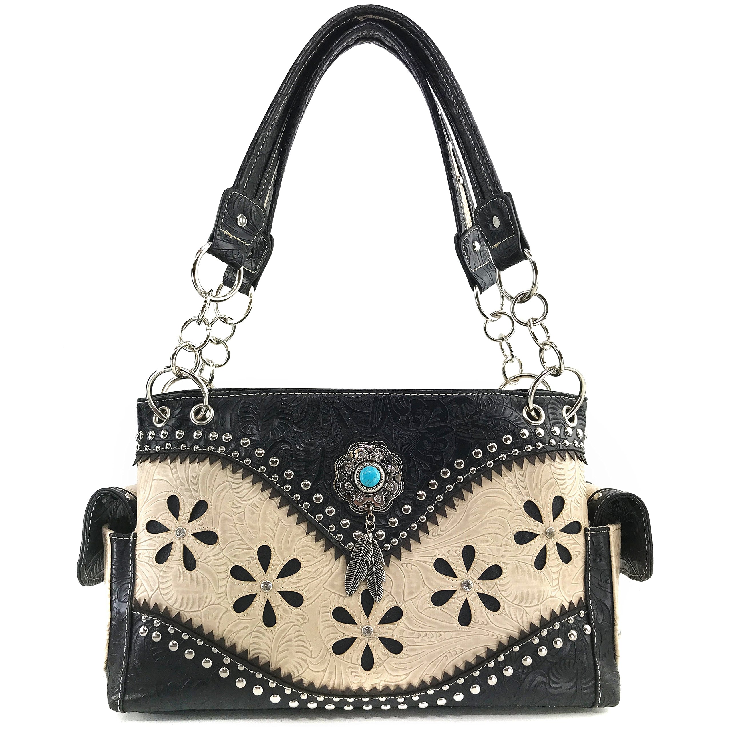 Zelris Floral Western Pu Tooled Leather Turquoise Concho Feathers Conceal Carry Women CCW Shoulder Handbag Purse (Red)
