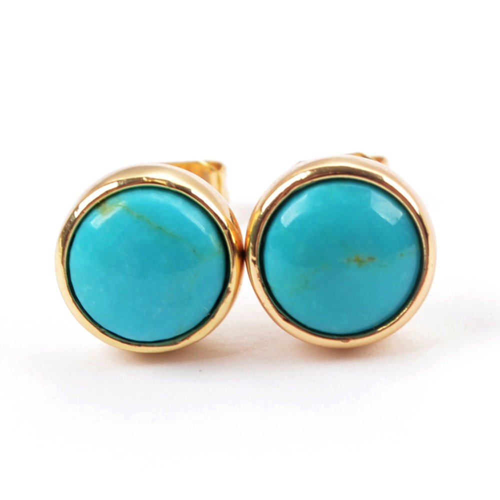 ZENGORI 1 Pair 9MM Gold Plated Round Natural Turquoise Stud Earrings for Women ZG0258