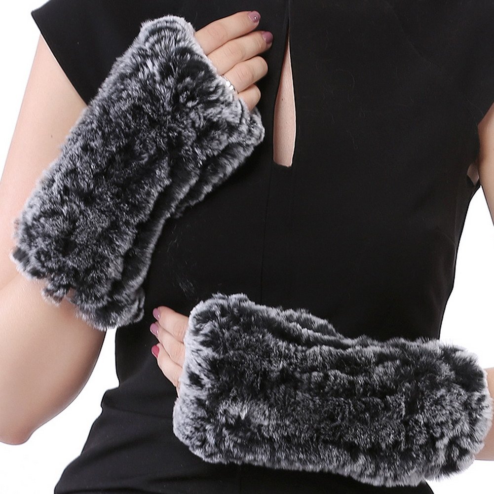 Valpeak Womens Rabbit Fur Winter Mittens Knitted Fingerless Gloves(Snowtop Black)