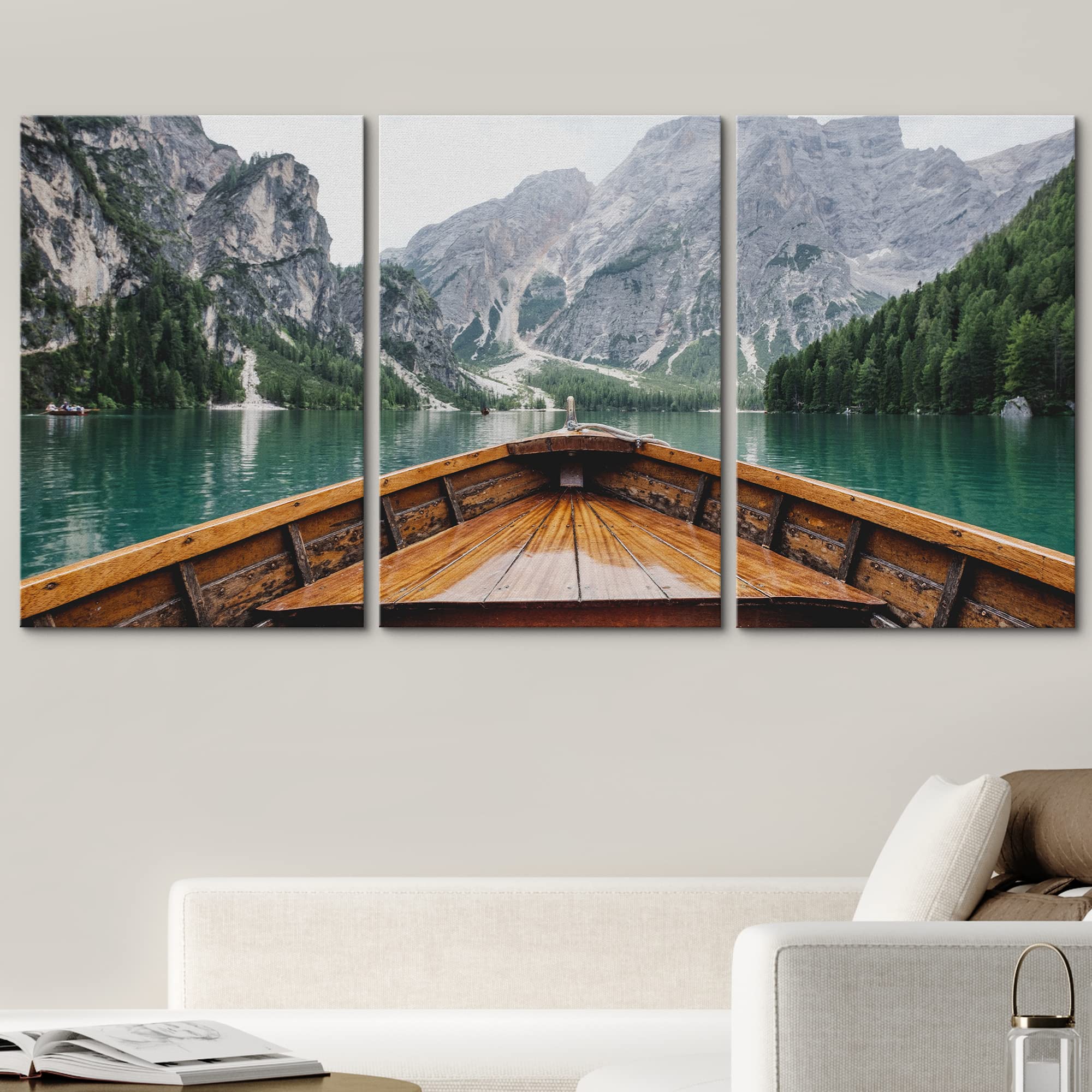 wall26 - 3 Piece Canvas Wall Art - Boat Cruising a Mountain Lake - Modern Home Art Stretched and Framed Ready to Hang - 24"x36"x3 Panels