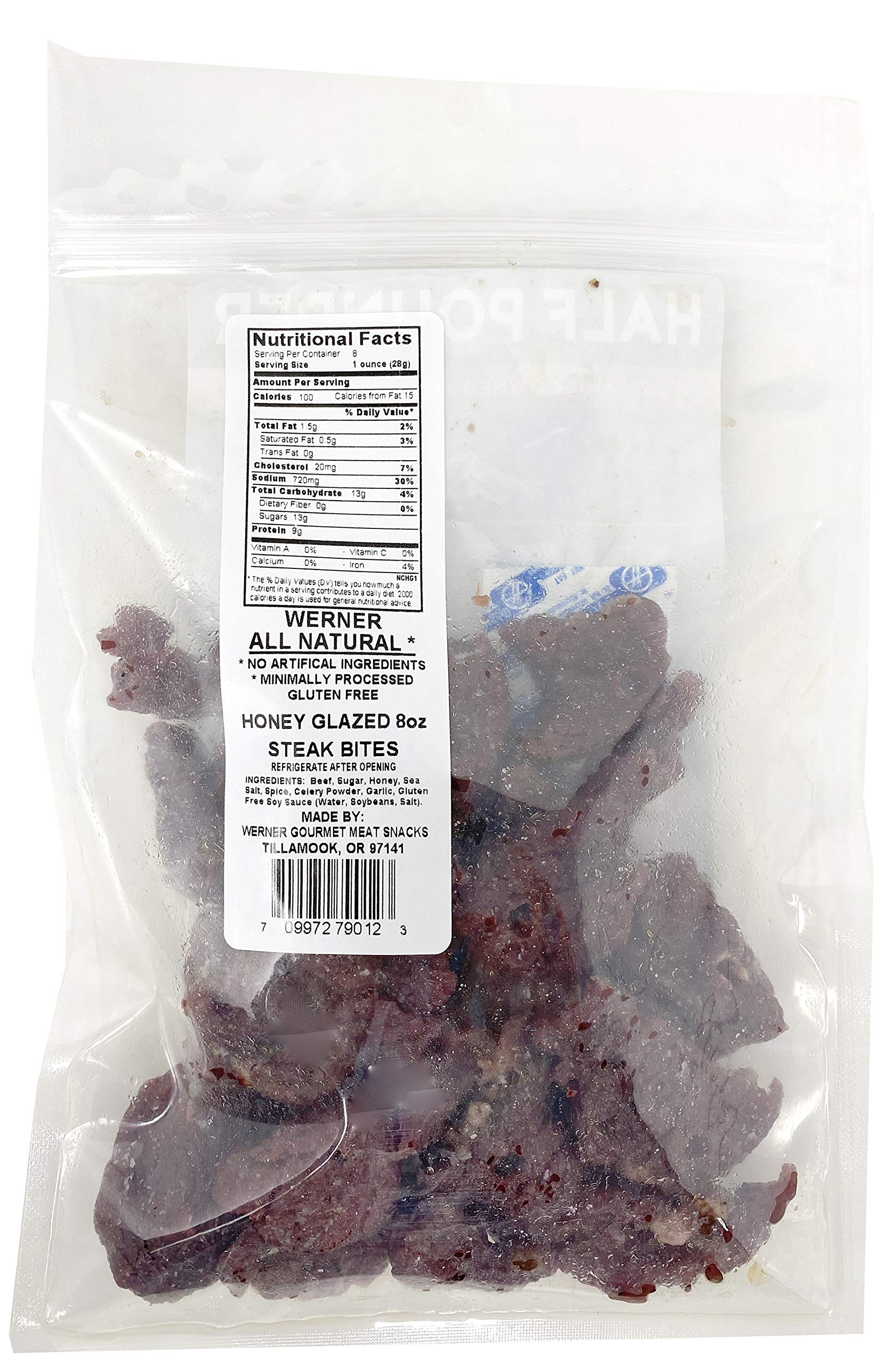 Werner Premium Steak Bites All-Natural Half Pounder Bag – 8 Ounce Resealable Bag of Premium Steak Jerky Bites Smoked Beef Snack (Honey Glazed)
