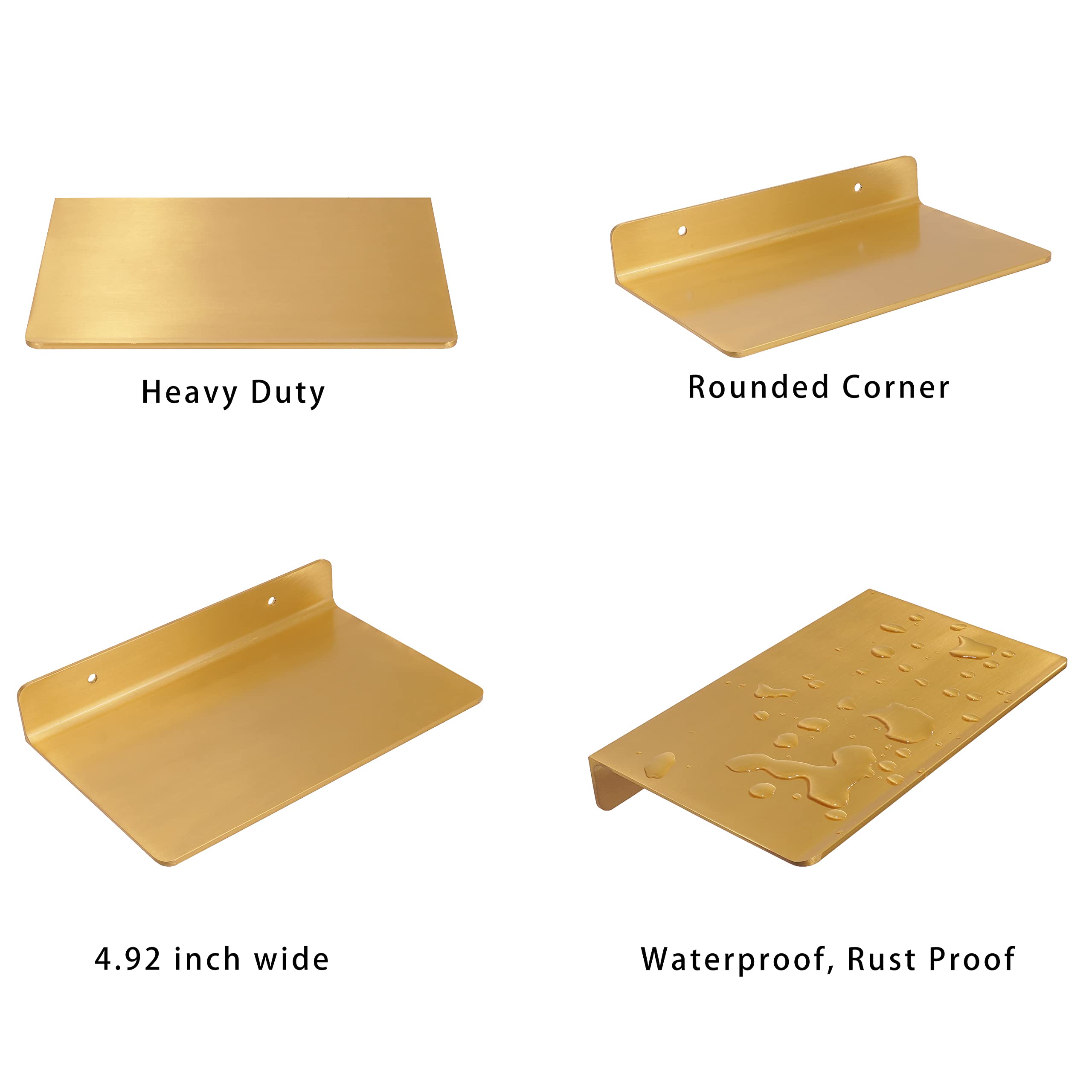 Veefos Small Gold Floating Shelves for Wall Decor 7.7 Inch, 2 Sets Bathroom Shelves Organizer Wall Mount, Sturdy Metal Wall Shelf for Plants Cell Phone Speakers Cameras Living Room Office