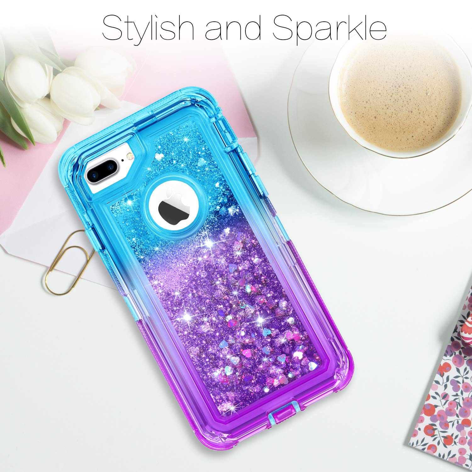 WESADN Case for iPhone 8 Plus Case,iPhone 7 Plus Case for Girls Women Cute Glitter Liquid Protective Bling Heavy Duty Shockproof Gradient Cover for iPhone 8 Plus 7 Plus 6 Plus 6s Plus,Teal Purple