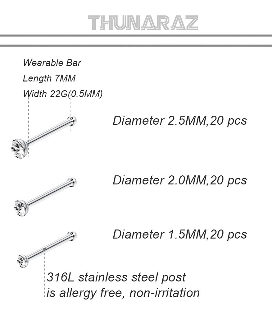 THUNARAZ 60pcs Stainless Steel Nose Studs Rings Piercing Pin Body Jewelry 22G 1.5mm 2mm 2.5mm White