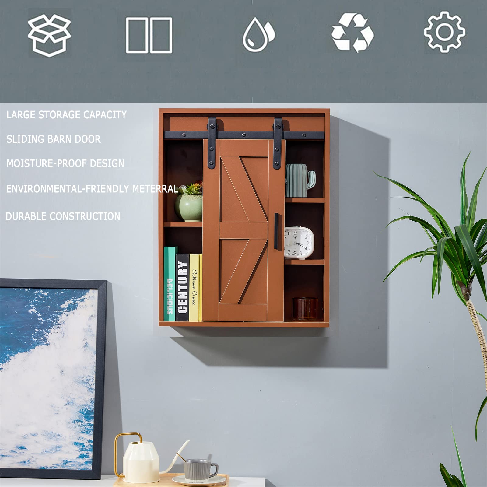 VEEKI Bathroom Wall Cabinet, Adjustable Door and 5 Shelves Space Saver Storage Cabinet, Wall Mounted Storage Organizer for Bathroom, Toilet, Kitchen, Restroom, 22x8x28 Inch (Espresso)