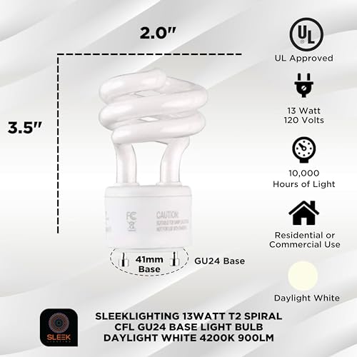 SLEEKLIGHTING - 13Watt GU24 Base 2 prong light bulbs- UL approved-120v 60Hz - Mini Twist Lock Spiral -Self Ballasted CFL Two Pin Fluorescent Bulbs- 4200K 900lm Cool White 4pack (60Watt Equivalent)