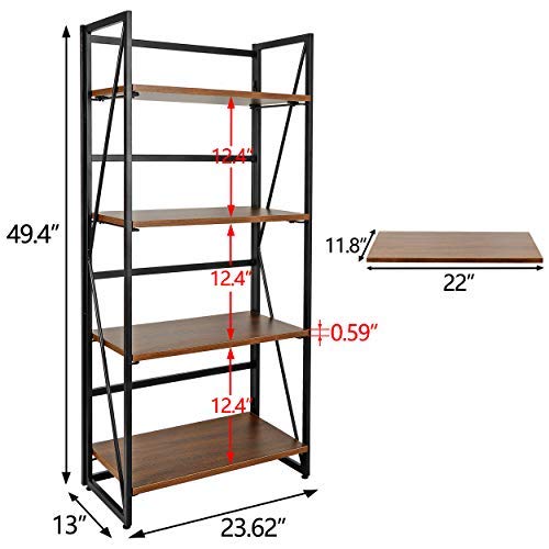 ZenStyle 4 Tier Bookshelf No-Assembly Folding Book Case Home Office Storage Ladder Shelf Industrial Standing Bookcase Organizer Book-Shelf Rack