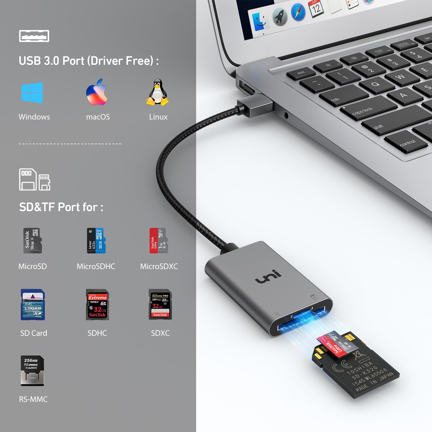uni SD Card Reader, High-Speed USB 3.0 to Micro SD Card Adapter, Aluminum Computer Memory Card Reader Dual Slots, for SD/SDXC/SDHC/MMC/Micro SDXC/TF/Micro SDHC | Laptop, PC, and more