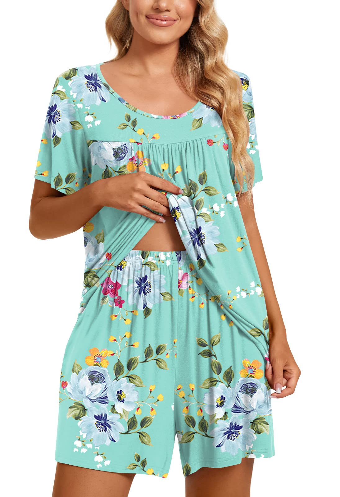 TAOHUADAO Womens Summer 2 Piece Pajama Sets, Short Sleeve Pleated Tunic Tops with Comfy Shorts, Lounge Sleepwear Ladies Pjs Sets with Pockets 2XL, Mint Green