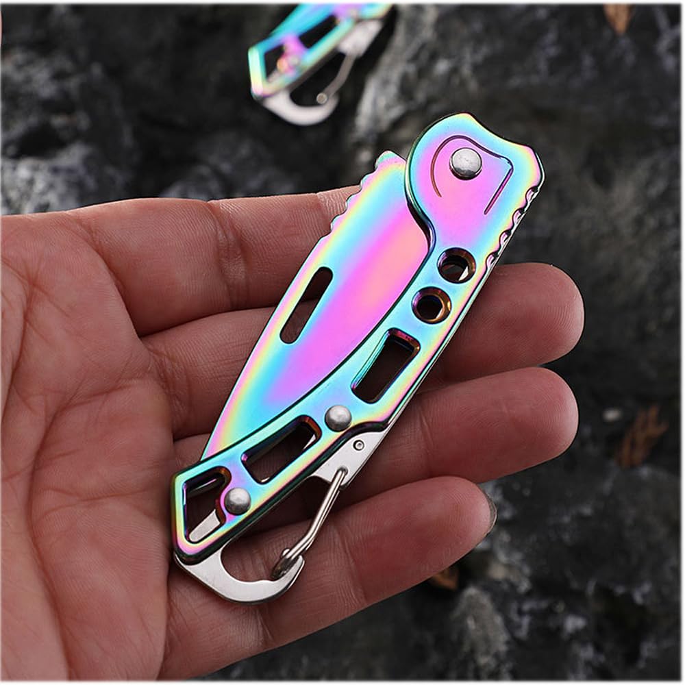 WWZJ 2 Pack Pocket Knife (Multicolored Titanium) with Key Ring Easy To Everyday Carry, Folding Knife Self-Defense