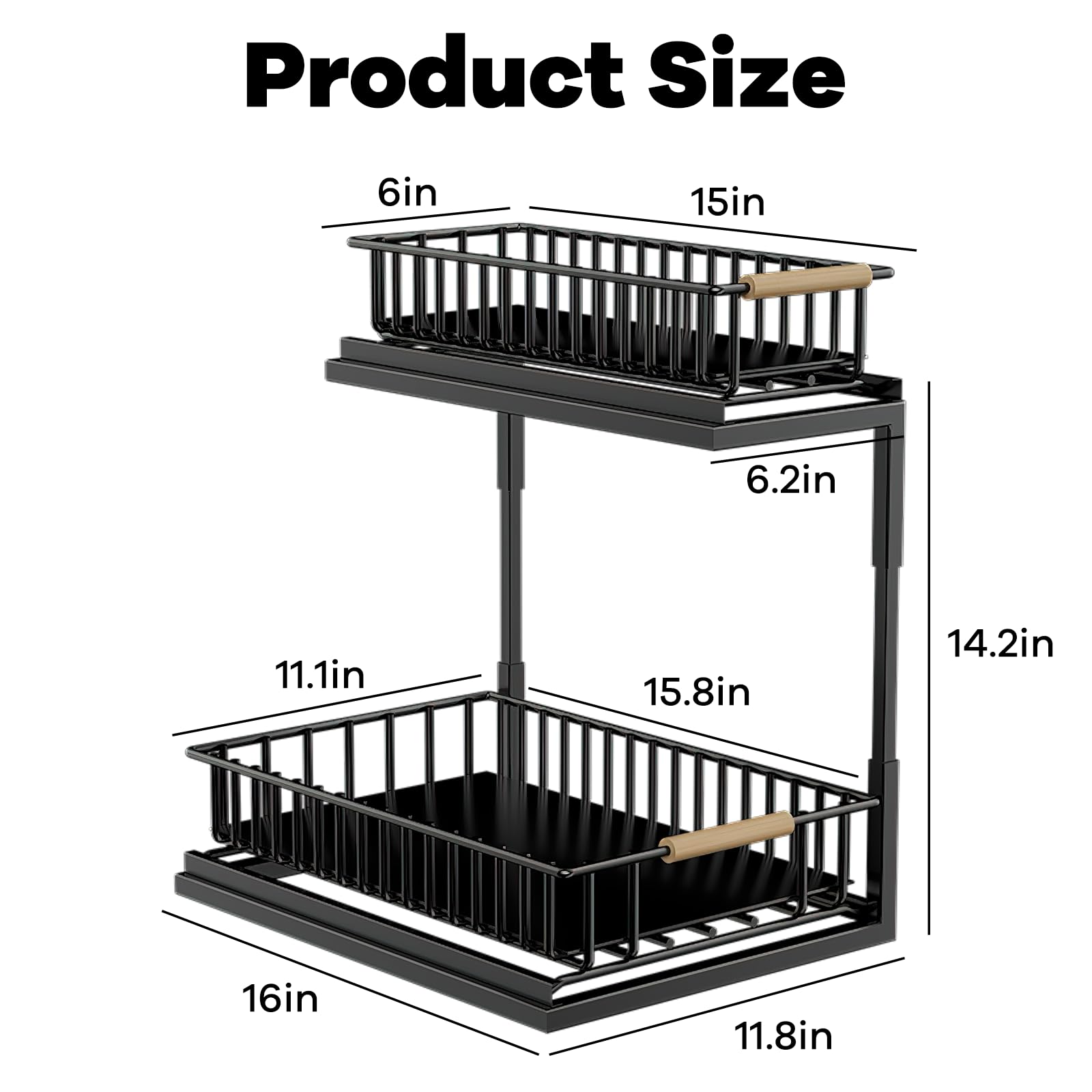 YZHDUXIU 2-Tier Sliding Under Sink Organizers and Storage, Rustproof Metal Pull Out Cabinet Organizer with Wooden Handle, Multi-Use Under Sink Storage for Kitchen Bathroom