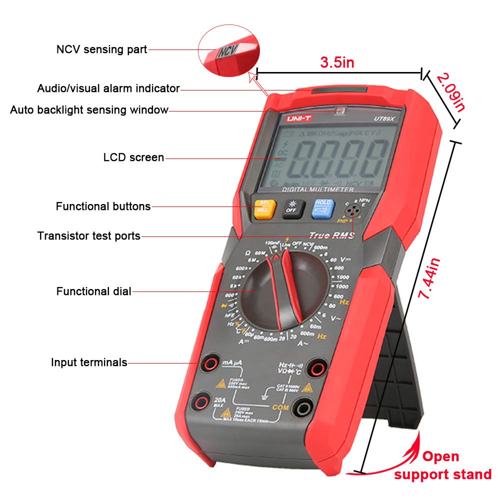UNI-T UT89X Digital Multimeter,TRMS 6000 Counts Volt Meter Manual Ranging,Measures AC/DC Voltage Tester,Resistance,Capacitance,Diode,NCV,Temperature,LED Test (UT89X)