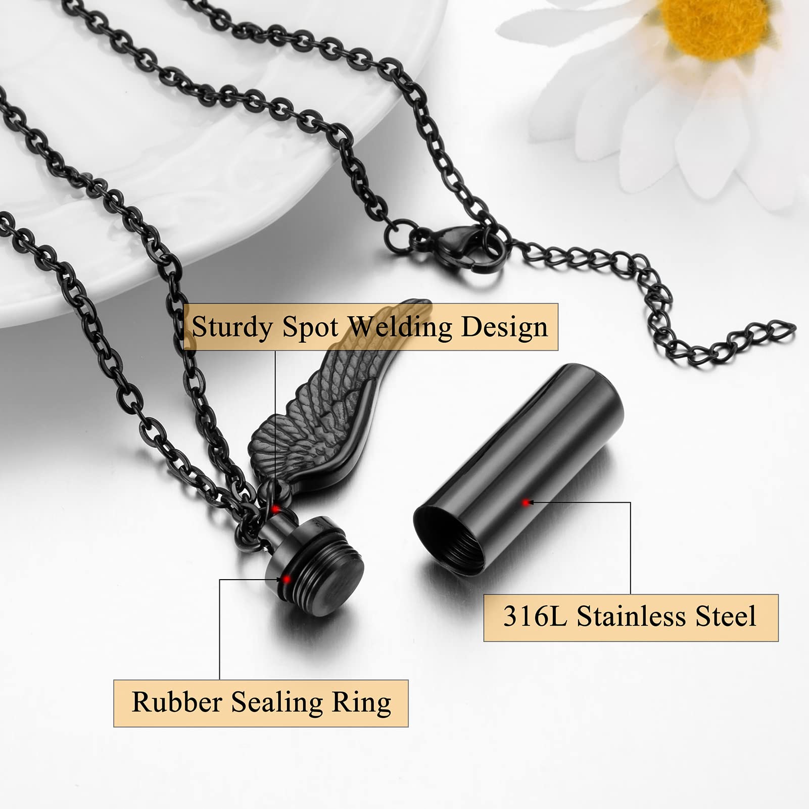 XIUDA Cremation Jewelry Urn Necklace for Ashes with Angel Wing Charm & Cylinder Eternity Stainless Steel (Rose Gold)