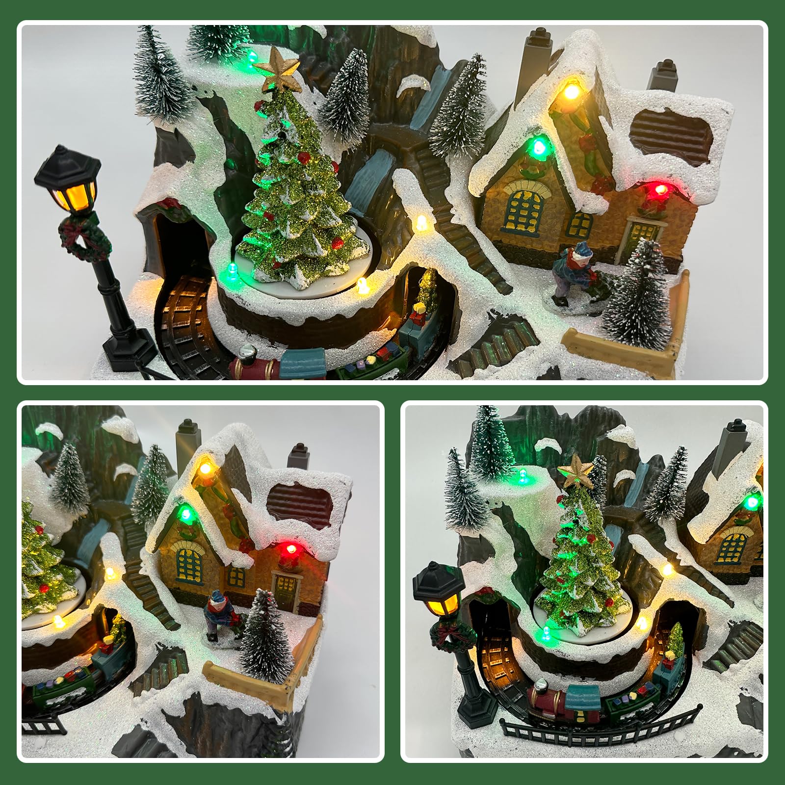 Tarocynn Christmas Village House Christmas Tree Figurine with Music and Light, Moving Tree and Train Christmas Display Indoor Decorations
