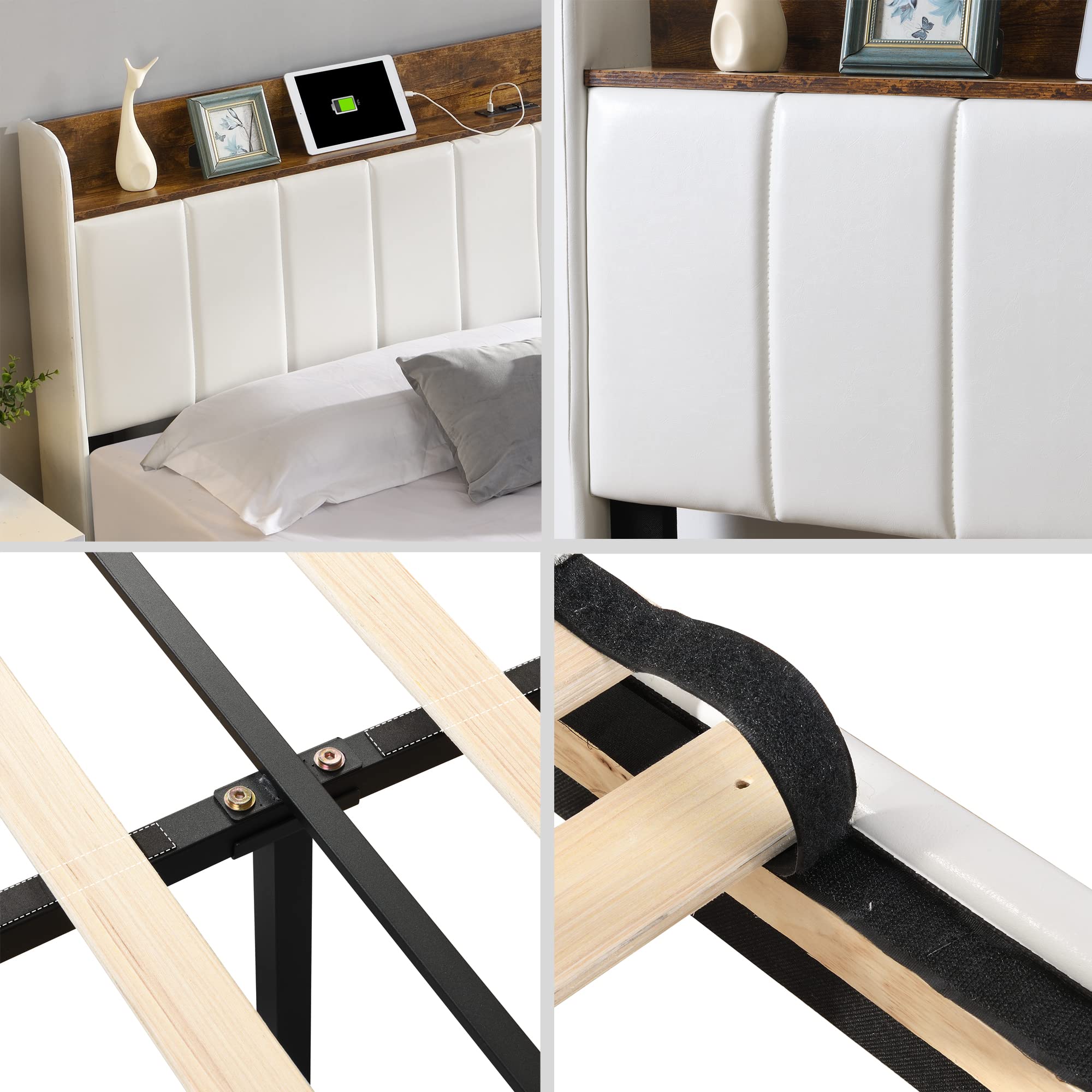 XKLOGER Upholstered Bed Frame King Size with Headboard, Platform King Bed Frame with Storage Drawers & Charging Station, No Box Spring Needed/Noise Free/Heavy Duty/White