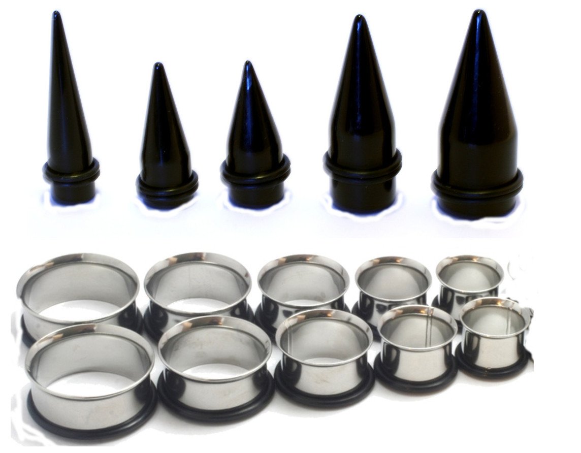 Zaya Body Jewelry 15 Pc Huge Tapers Ear Stretching Kit Black Tapers and Surgical Steel Tunnels 0g-1 inch (7/16" 1/2" 9/16" 5/8" 3/4")